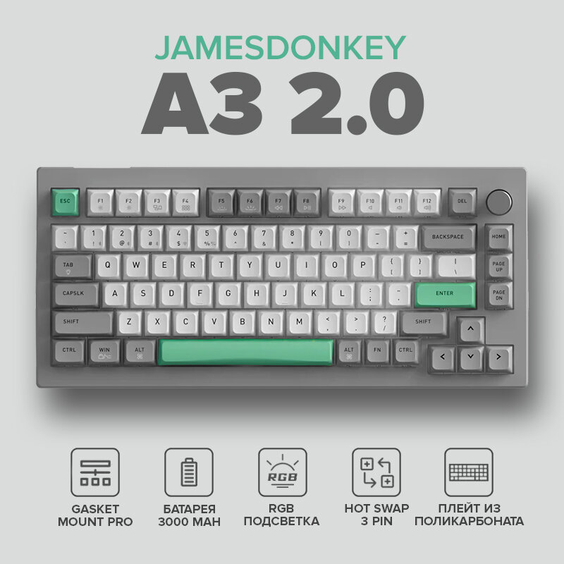 Беспроводная механическая клавиатура James Donkey A3 2.0 Grey Cyan, RGB, 75%, Bluetooth 5.0, 2.4Ghz, USB Type-C, Английская раскладка
