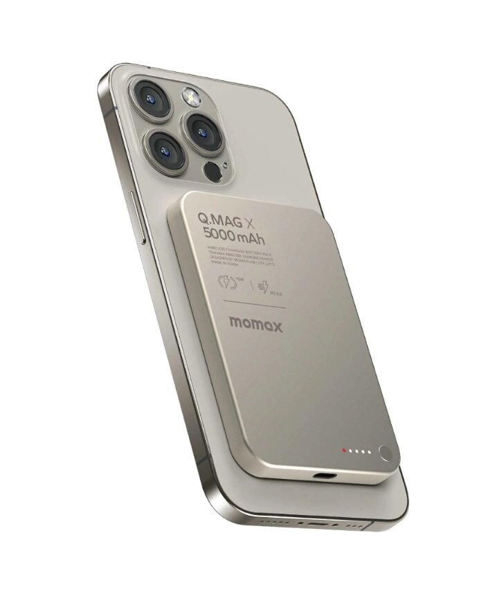 Магнитный аккумулятор с беспроводной зарядкой Momax Q.MAG X Ultra Slim 8.3 mm, 5000 mAh, Qi 15W/PD20W, Natural Titanium