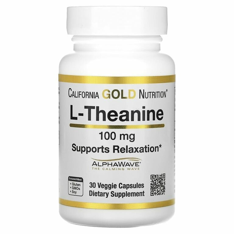 California Gold Nutrition L-Theanine AlphaWave, L-теанин Калифорния Голд Нутришн 100 мг, 30 растительных капсул