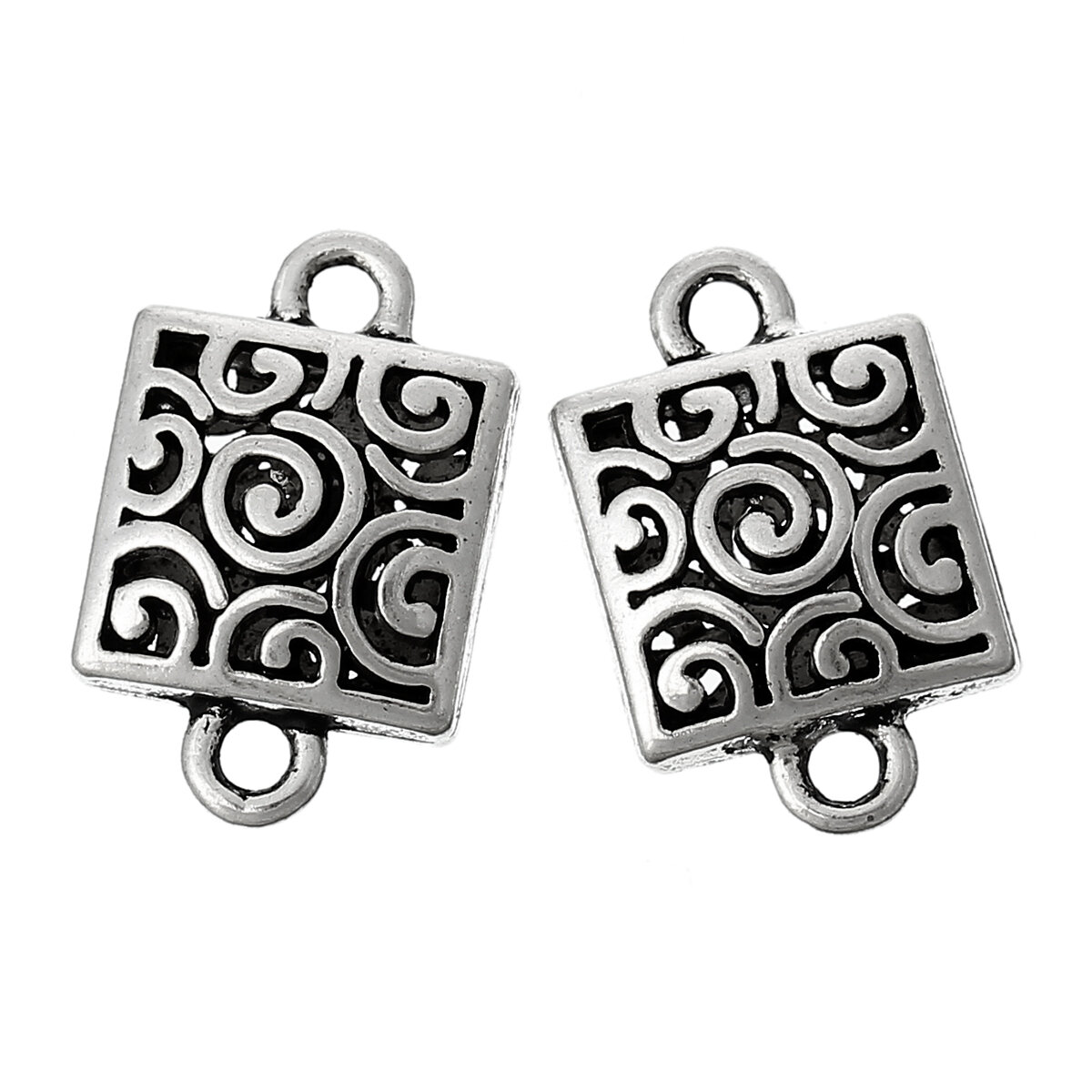 Коннектор, 23х15х8мм, квадрат со спиральным узором, базовый материал - цинковый сплав, стиль тибетское серебро, 2 шт.