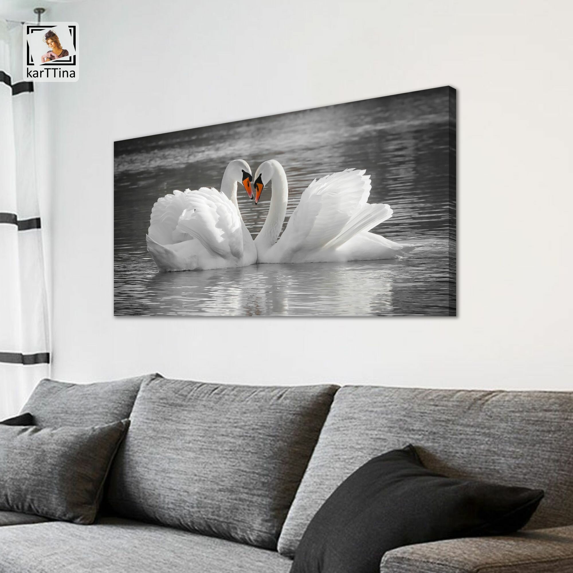 Картина на стену, интерьерная "Влюбленные лебеди" 80х40 см