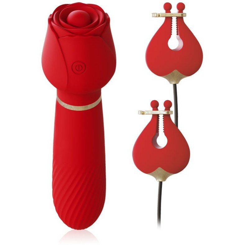 Вибромассажер в виде цветка "Роза" с зажимами для сосков, красный