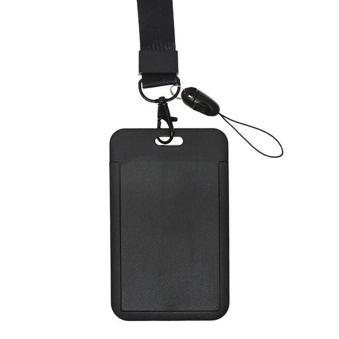 Бейдж-карман вертикальный пластиковый, внешний 110×68 мм, внутренний 85×54 мм, лента 80×2 см, чёрный.