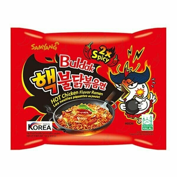 Лапша быстрого приготовления острая Buldak 2x Spicy со вкусом курицы Samyang, 5 шт. по 140 г.