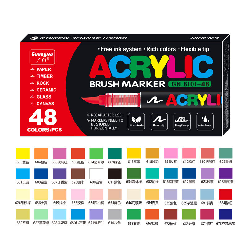 Маркер Guangna 8101, 48 цветов, прямой, жидкий, акриловый, с мягкой головкой