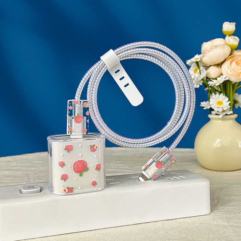 Чехол Hyun Yue, для кабеля Apple, защита от падения, прозрачный персиковый