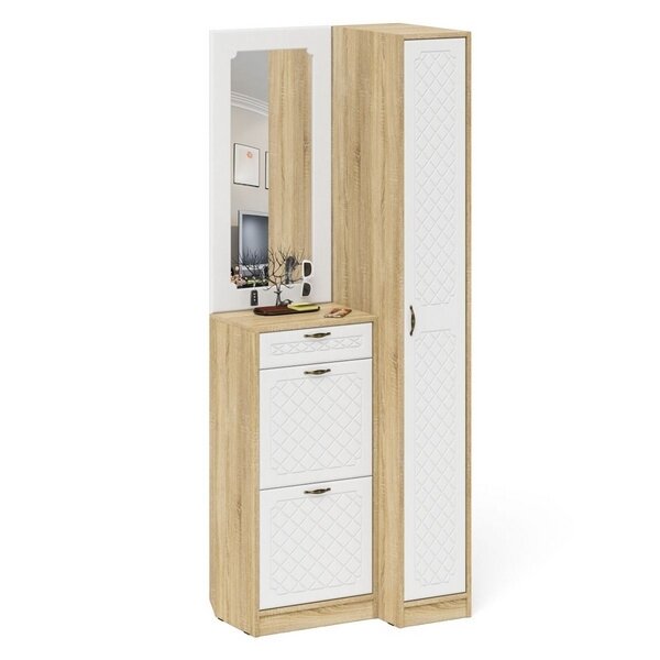 Прихожая П-6 Компоновка № 43, цвет дуб сонома/фасады МДФ белое дерево фрезеровка ромб