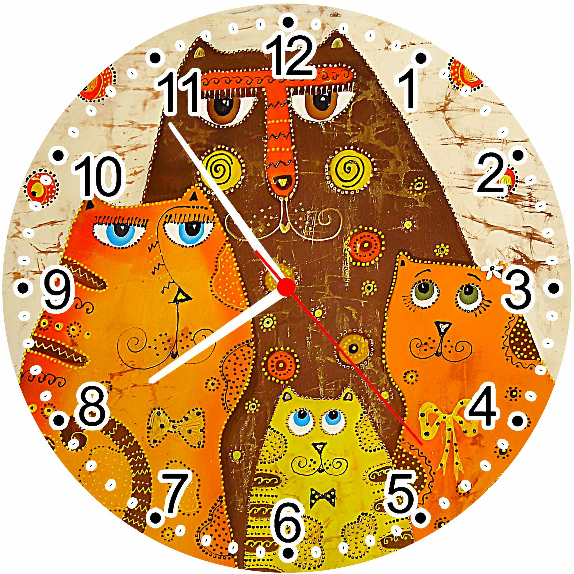 Коты семья Часы Уникальные, Оберег дома и семьи, из древесины прессованной, МДФ D 27 см, толщина 5 мм, Настенные и Настольные с подставкой в комплекте бесшумные, мама апа и детишки, семейные