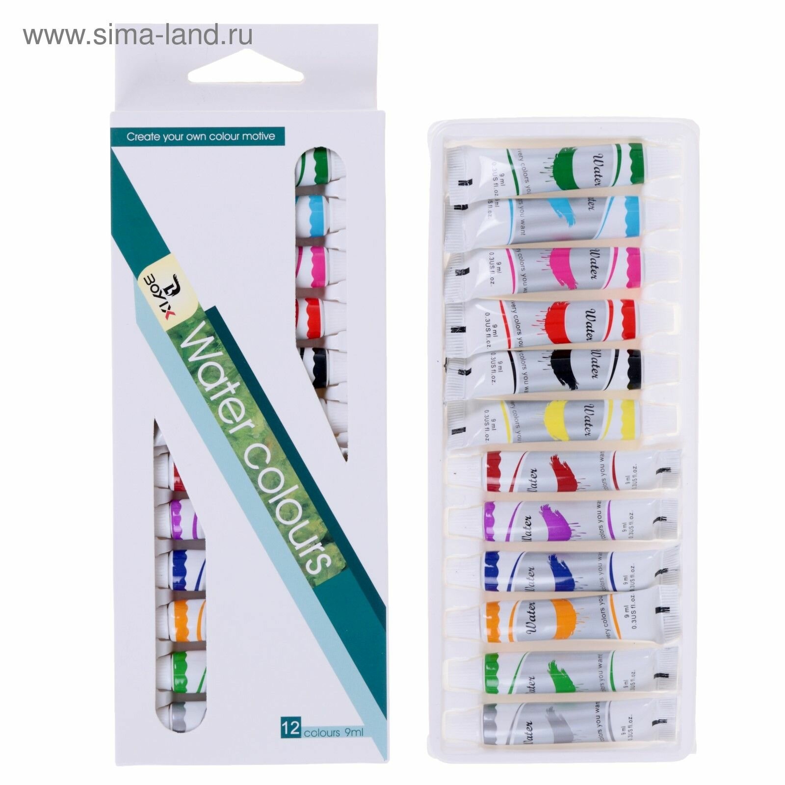 Краски акварельные, 12 цветов, в пластиковой тубе, 9 мл, в картонной коробке, для рисования и творчества