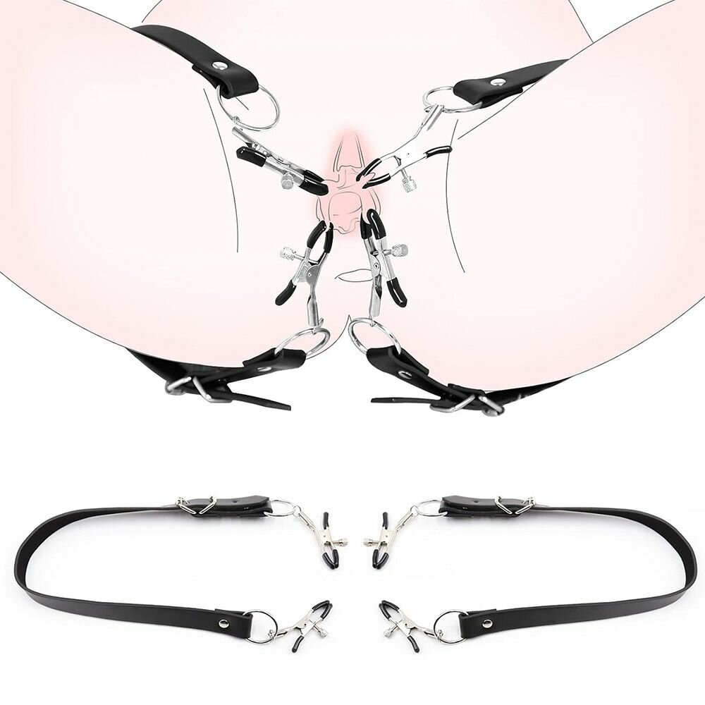 Товары для взрослых, Ремни для раздвижения половых губ с зажимами, Набор из двух штук Черный