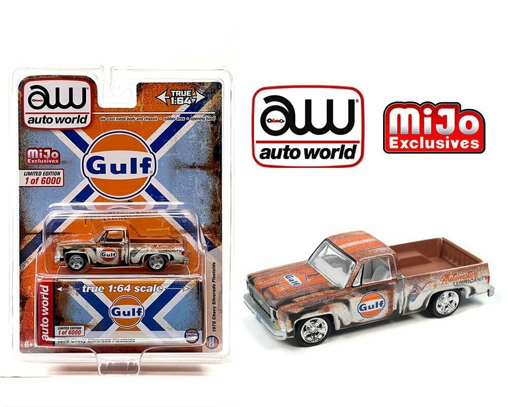 Машинка AW Auto World 1/64 Chevrolet Chevy Silverado muscle trucks GULF Oil Rat Fink Mouse Track 10 Fleetside Racing Legends used version make old Pickup Alloy Car Model Collection Gifts