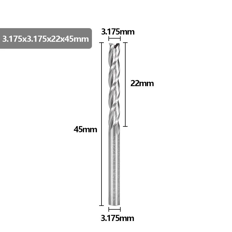 Спиральный Фрезерный резак с 3 канавками, плоская Концевая фреза с ЧПУ, хвостовик 3,175 мм, карбидная Концевая фреза, Гравировальный фрезерный станок, твердосплавный инструмент для дерева 3.175x3.175x22x38