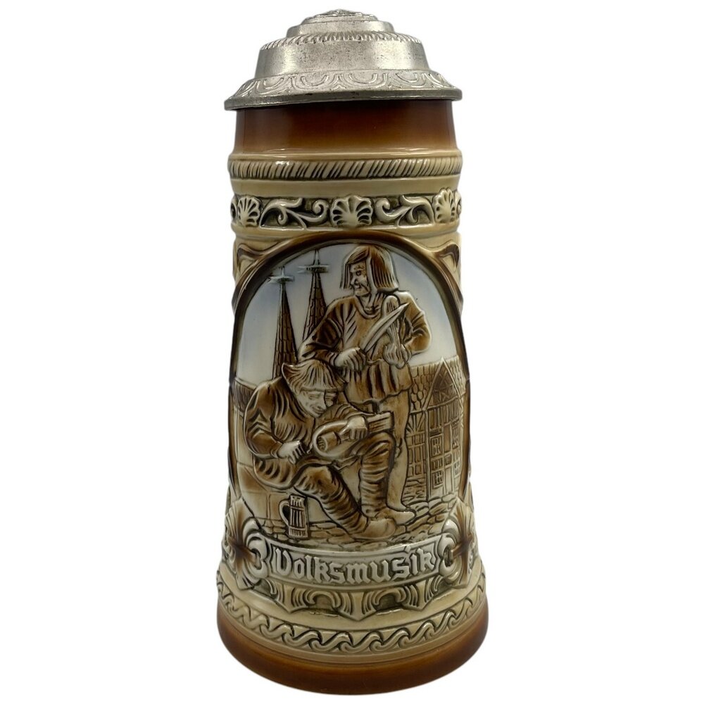 Пивная кружка Масс "Музыканты" с крышкой, 1 л, керамика, 1970-1980 гг, Sitzendorfer, Германия