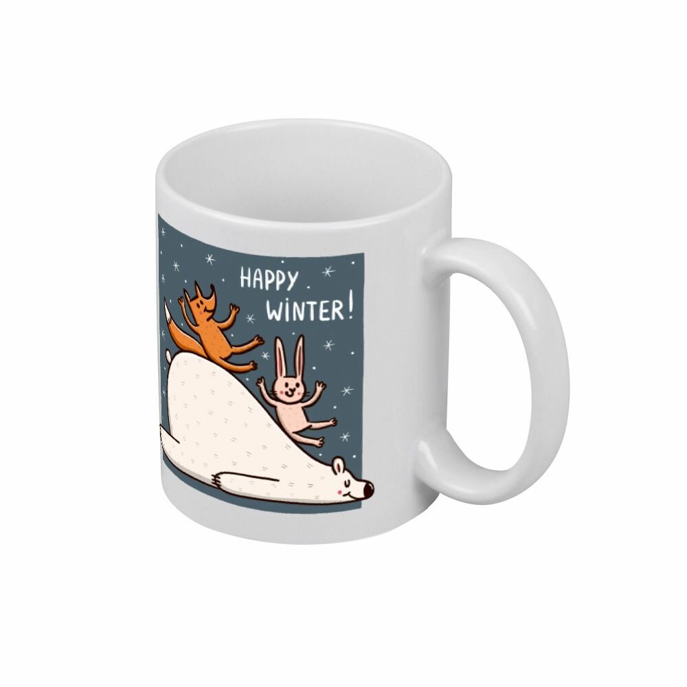 Кружка лиса и заяц, горка. медведь. happy winter!