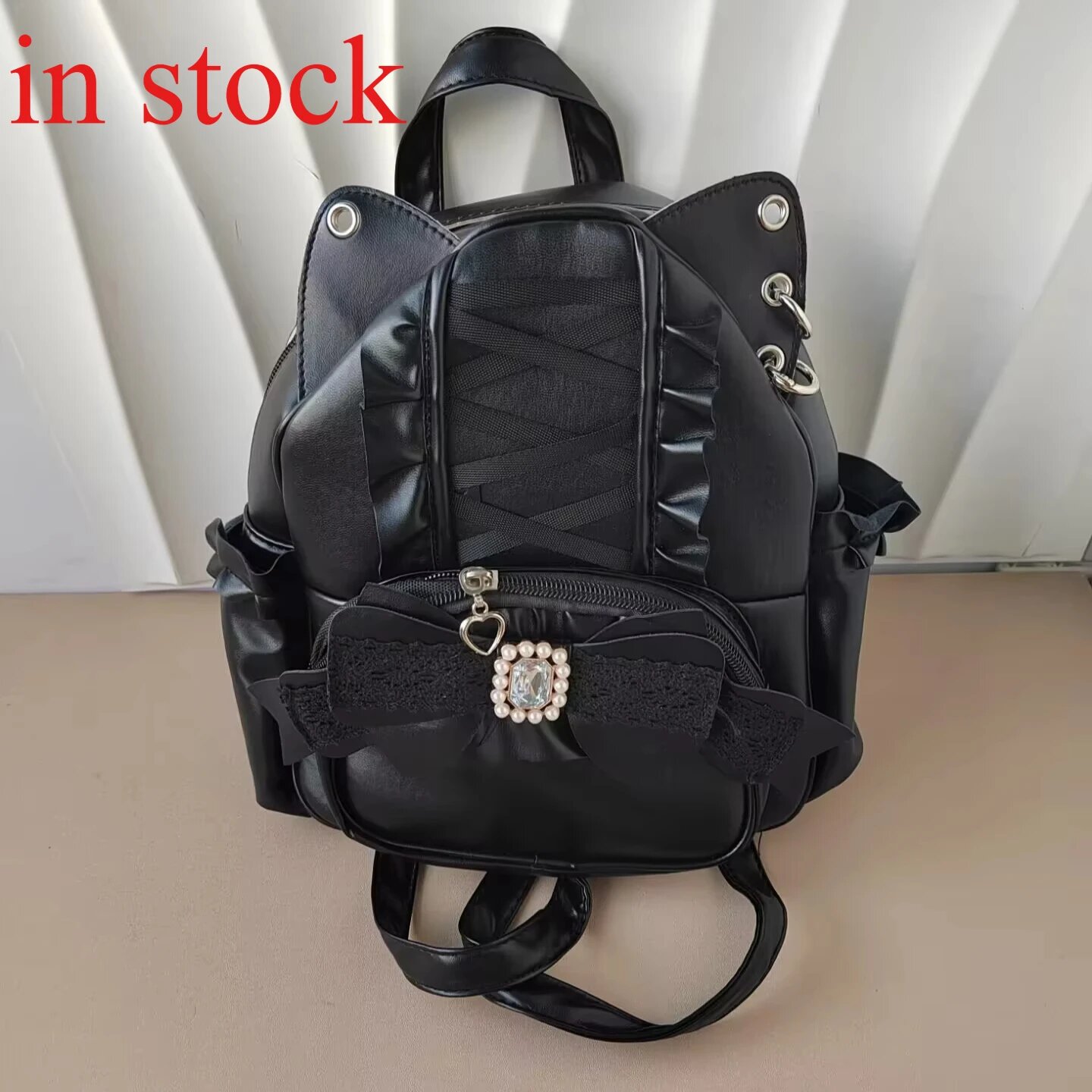 Кружевная школьная сумка с кошачьими ушками, японская Лолита Ita Mochila, милая большая вместимость, Mochilas Mujer, новинка 2026, женские сумки с бантом, студенческий рюкзак Черный, черный