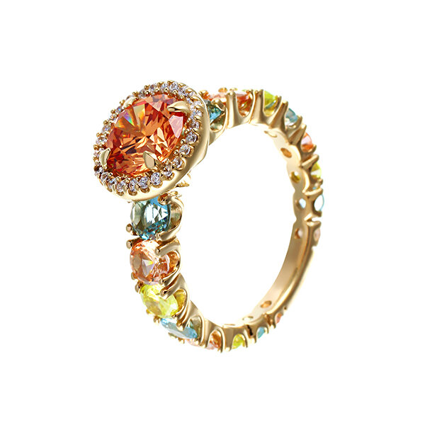 Перстень, серебро, 925 проба, золочение, родирование, стекло, циркон