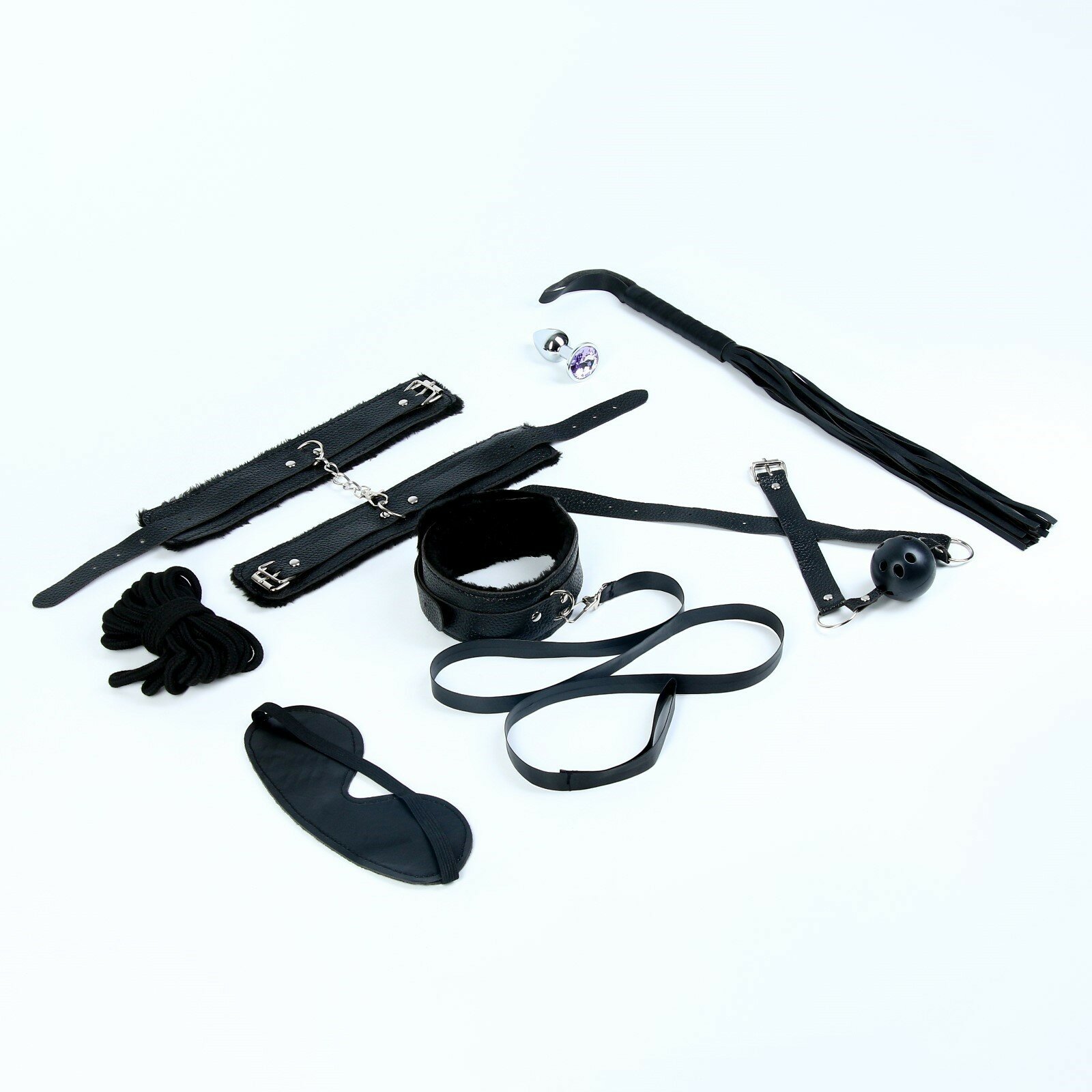 Эротический БДСМ набор металл, кожа, набор 8 предметов, черный