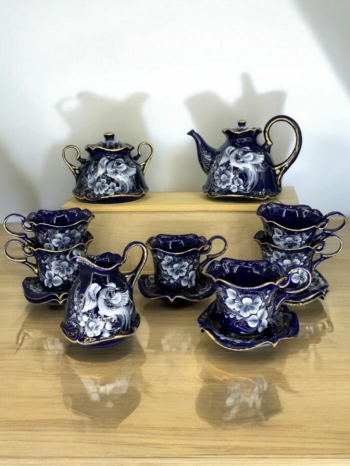 Сервиз чайный "Колокольчик" на 6 персон гжель кобальт позолота фарфор ручная работа
