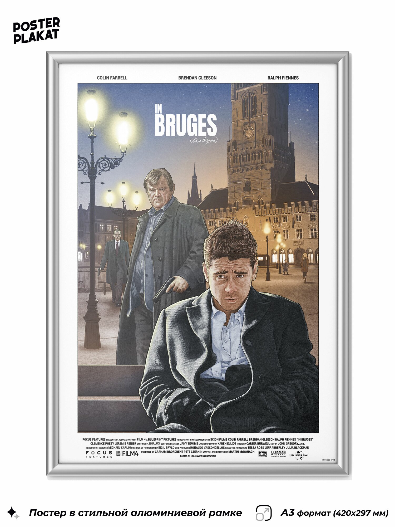 Постер Залечь на дно в Брюгге / In Bruges, Колин Фаррелл, по мотиву фильма, для интерьера, в раме, А3 (420х297 мм), Постер Плакат