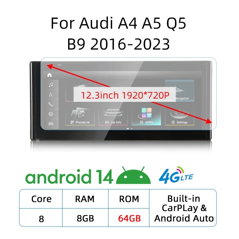 Android 14 CarPlay для Audi A4 A5 Q5 B9 2016-2023, 12.3" 1920*72