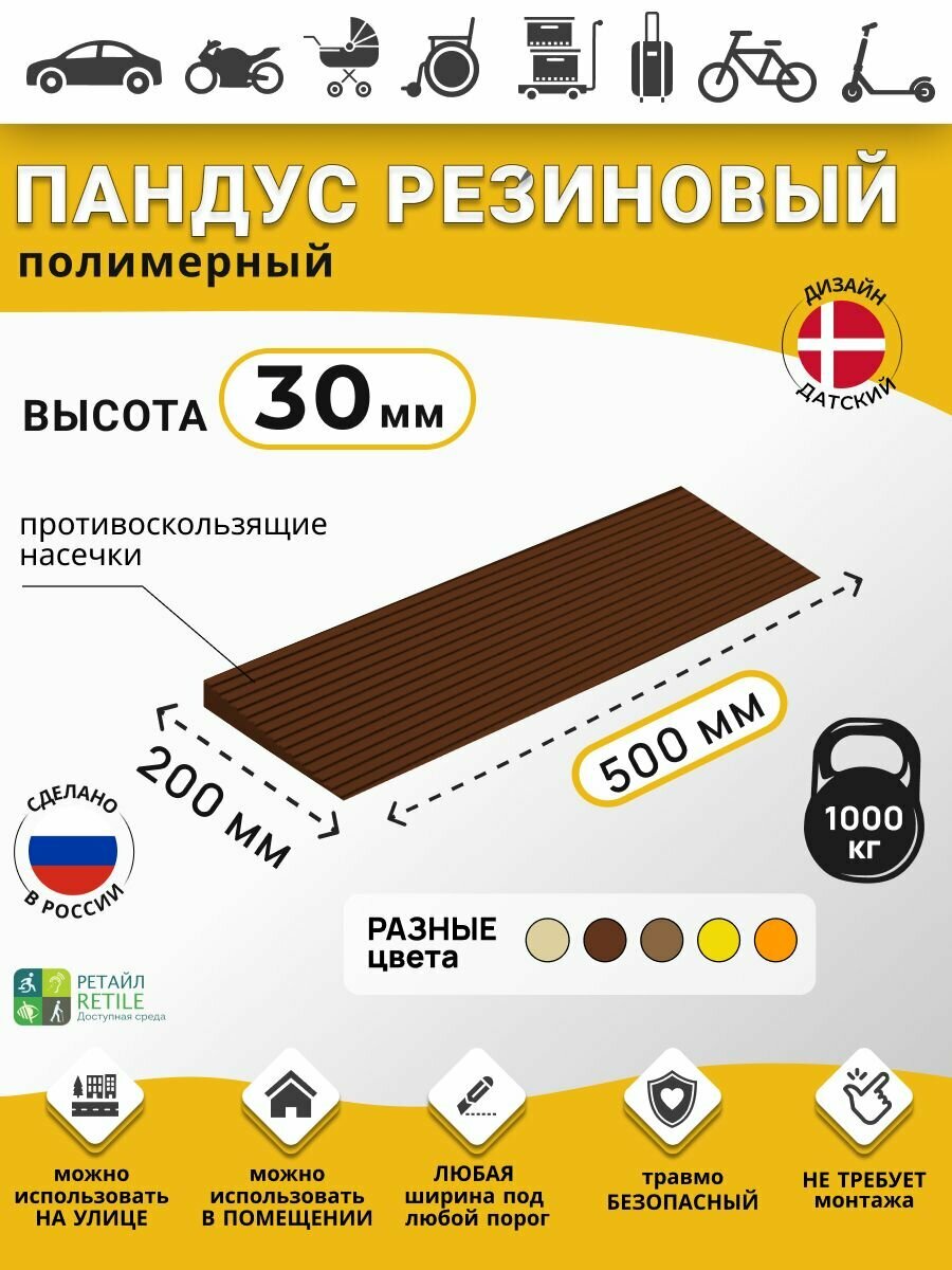 Пандус резиновый рубеж для порогов высотой 3 см (30х500х200 мм), темно-коричневый, для колясок, склада и автомобилей