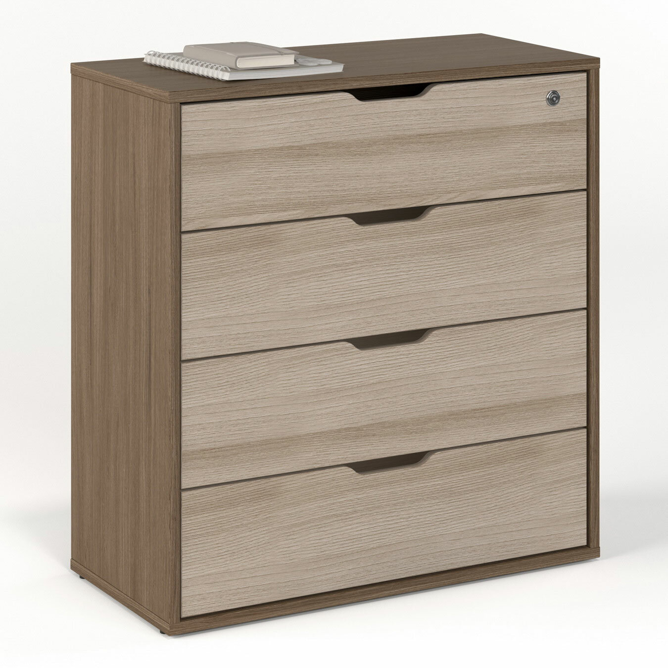 Комод с 4 ящиками, Офисный комод с замком МагМебель Б-10 ясень тёмный + ясень светлый