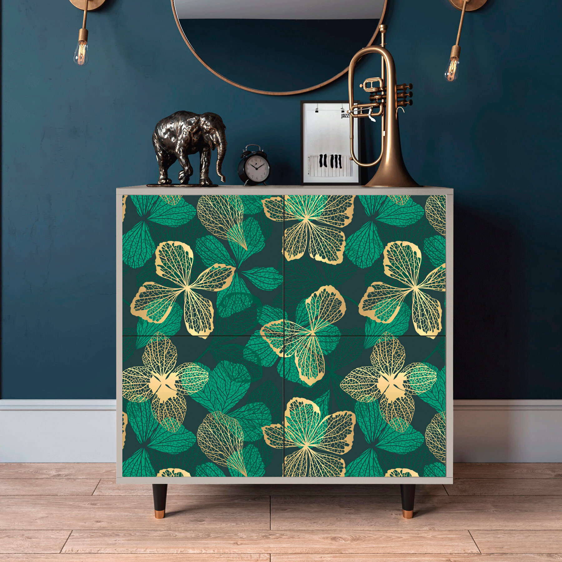 Комод - STORYZ - BS3 Green Flower, Размер - 94 x 96 x 48 см, Цвет корпуса - Сатин