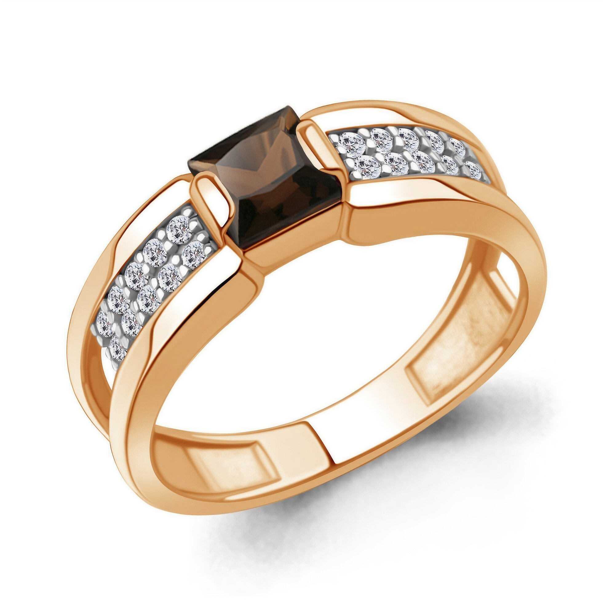 Кольцо, серебро, 925 проба, золочение, кварц, фианит