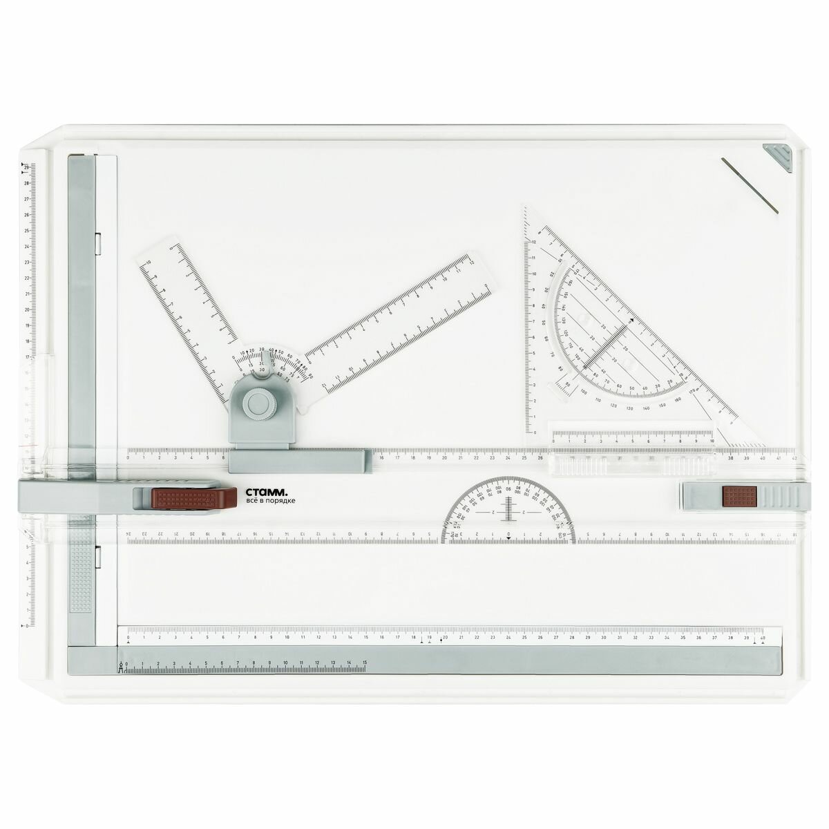 Доска чертежная (кульман) А3, 505*370 мм, с рейсшиной, треугольником и чертежным узлом, Стамм
