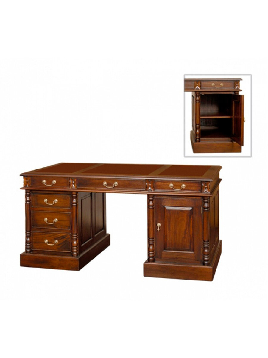 Письменный стол DOCA155-M Индонезия из массива красного дерева (коричневая кожа) 79х75х155см