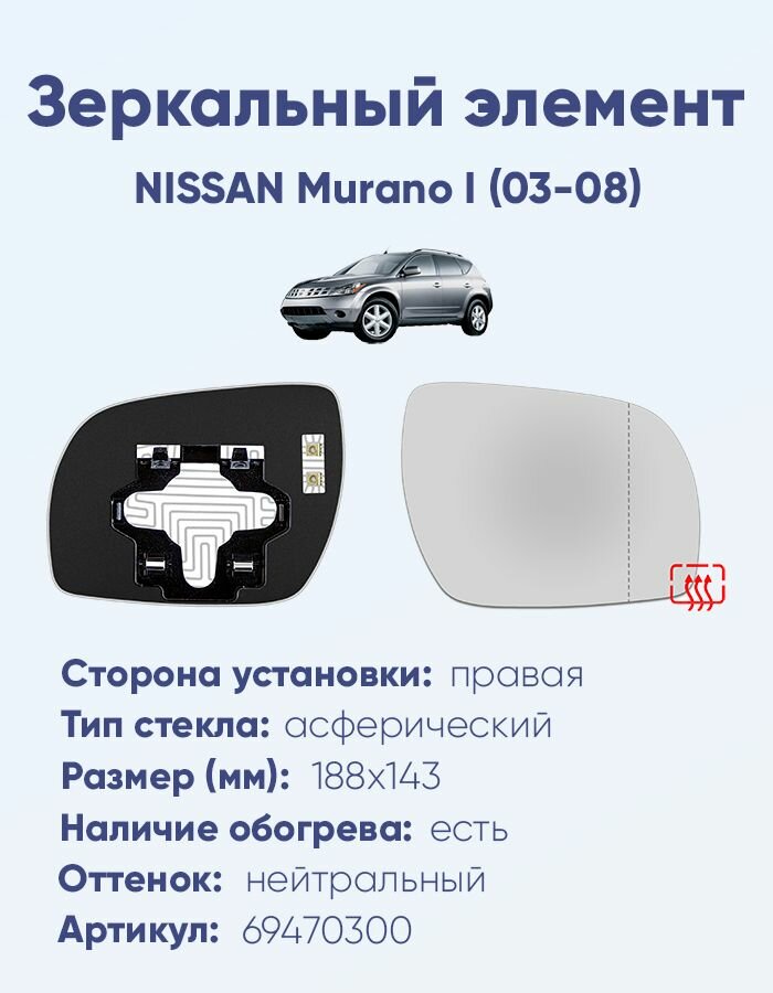 Зеркальный элемент правый NISSAN Murano I (03-08) асферика нейтральный с обогревом