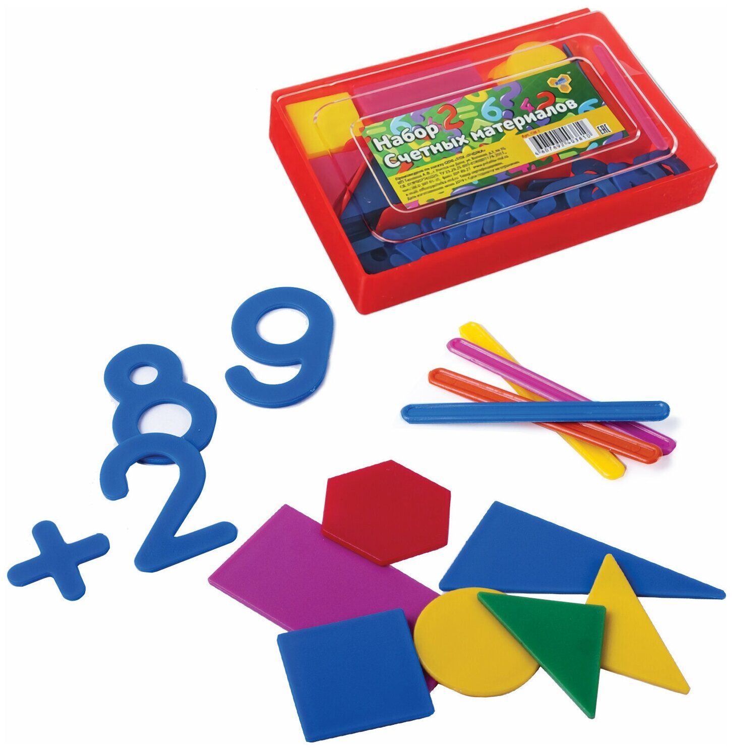 Касса цифр и счетных материалов пчелка, 130 элементов, ассорти, пенал, СМ-1 - 1 шт, синий футляр