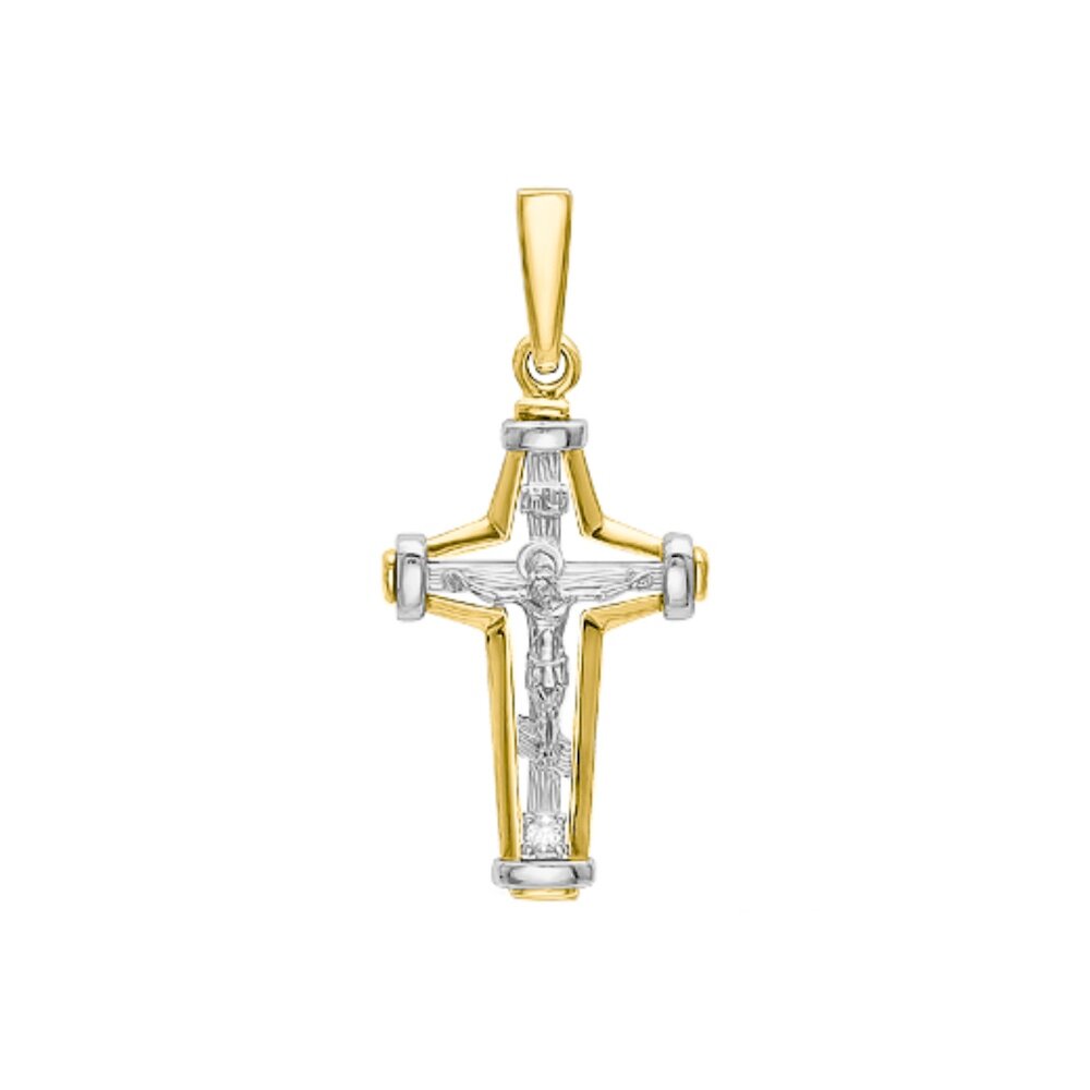 Крестик, желтое золото, 585 проба, родирование, бриллиант