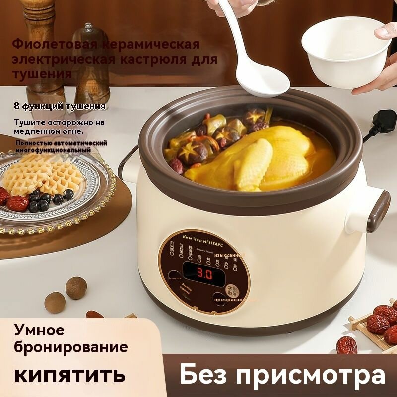 Медленноварка, 2.8л, покрытие чаши керамическое, мощность 200Вт, 8 режимов, цвет пурпурный