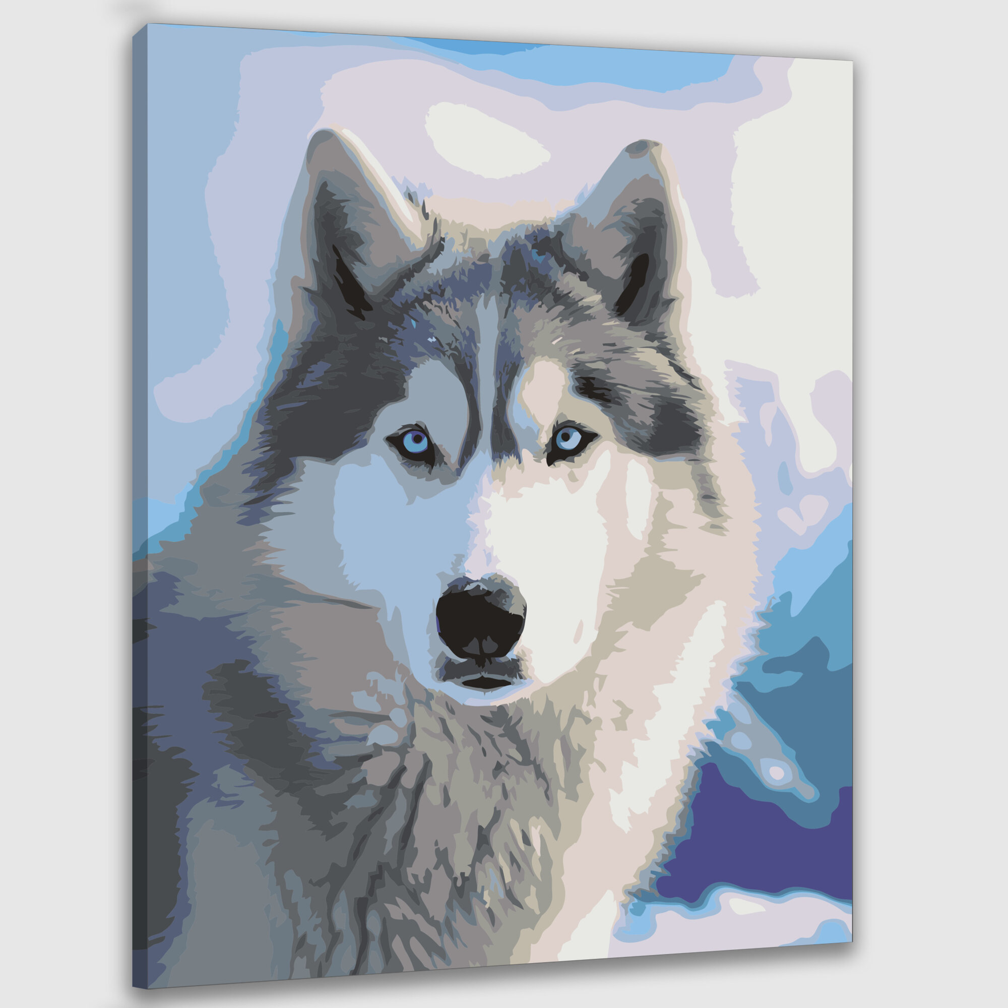 Картина по номерам 40x50 см, сибирская хаски, заснеженные горы, зимнее небо, голубые глаза, густая шерсть, 2.8L