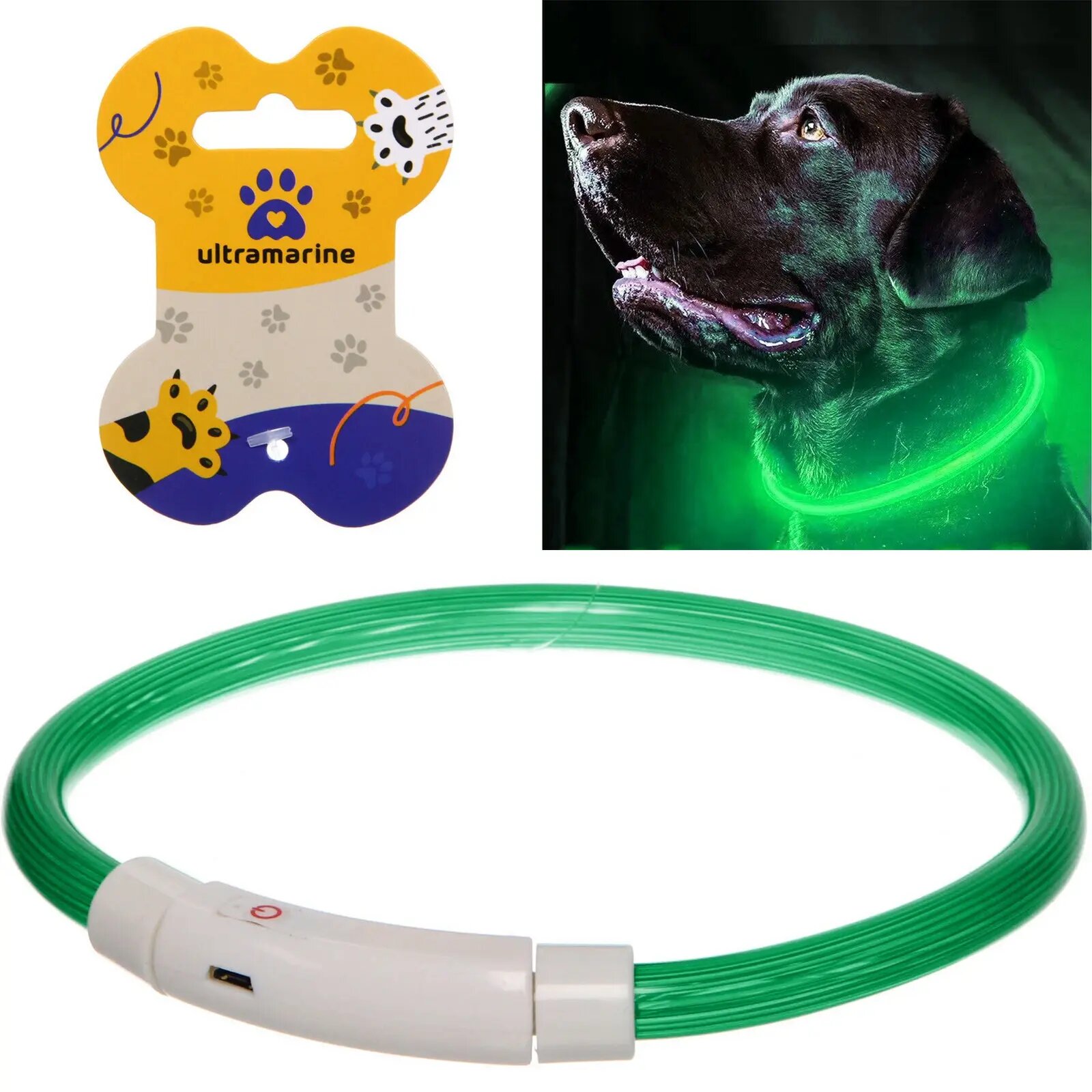 Ошейник светящийся 'Защита Бро', зеленый, размер M, d 50см, зарядка USB