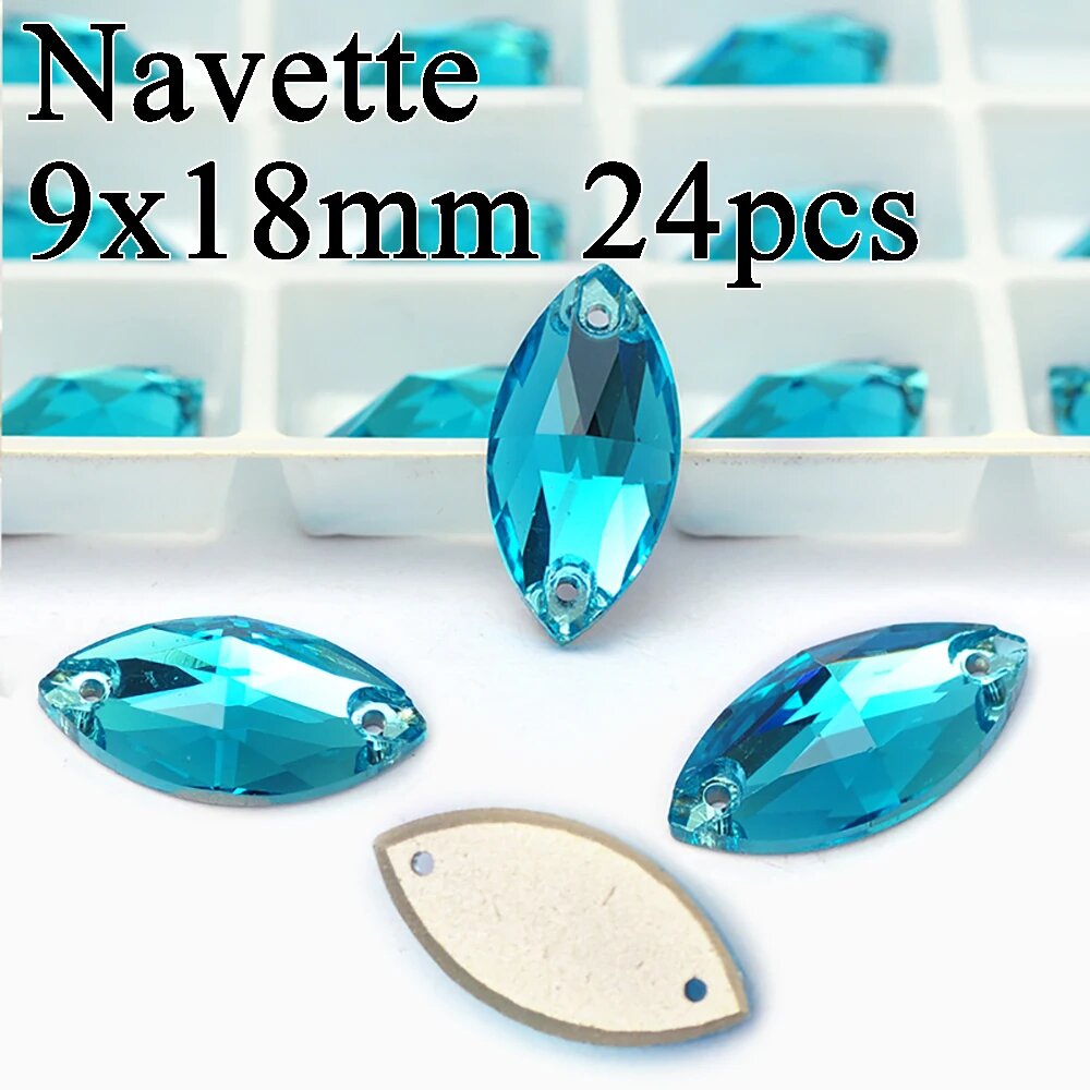 Стразы Navette аквамарин 9x18 мм, 24 шт.