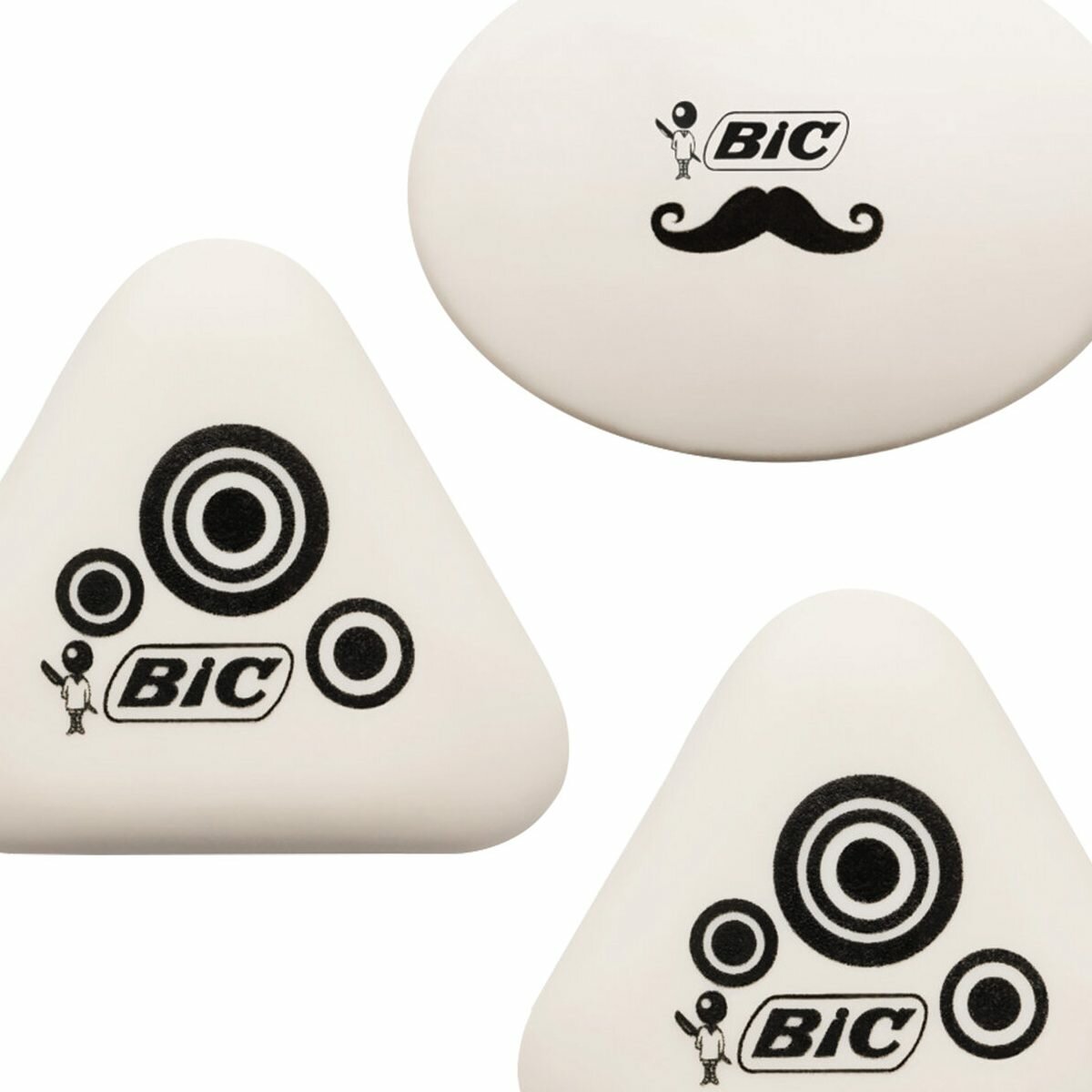 Набор ластиков BIC Mini Fun, 2 треугольных и 1 овальный, белые с рисунком (927870), 25 уп.