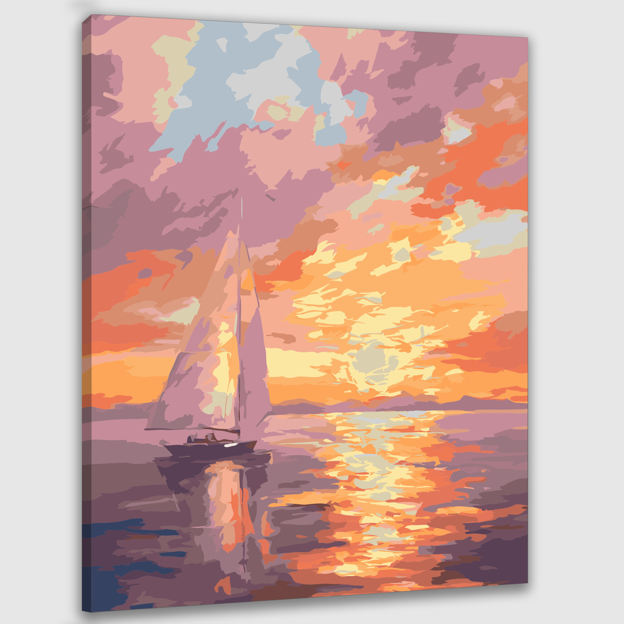 Картина по номерам 40x50 см, парусная лодка, белые паруса, бриз, закатное небо, оранжевый, розовый, фиолетовый