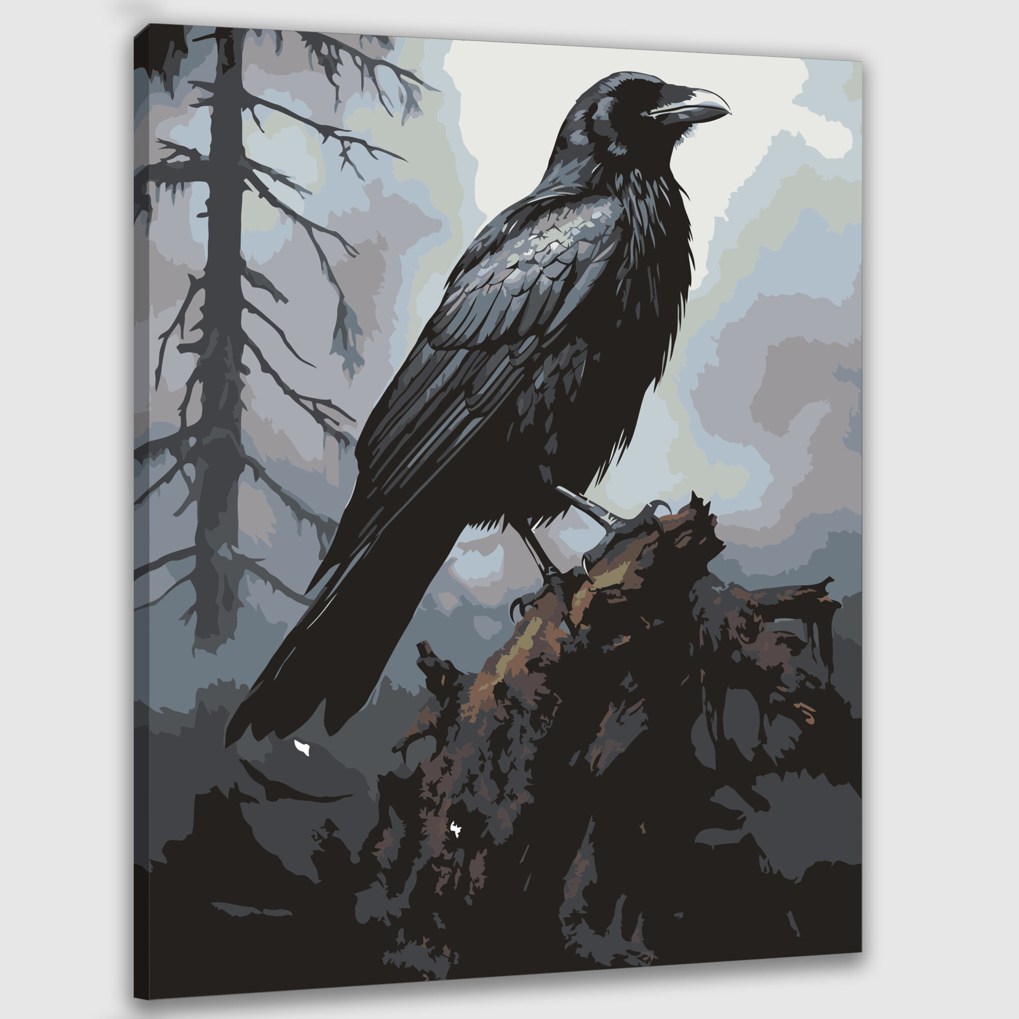 Картина по номерам 40x50 см, ворон, черные перья, мрачное небо, таинственность, мудрость, реалистичный стиль