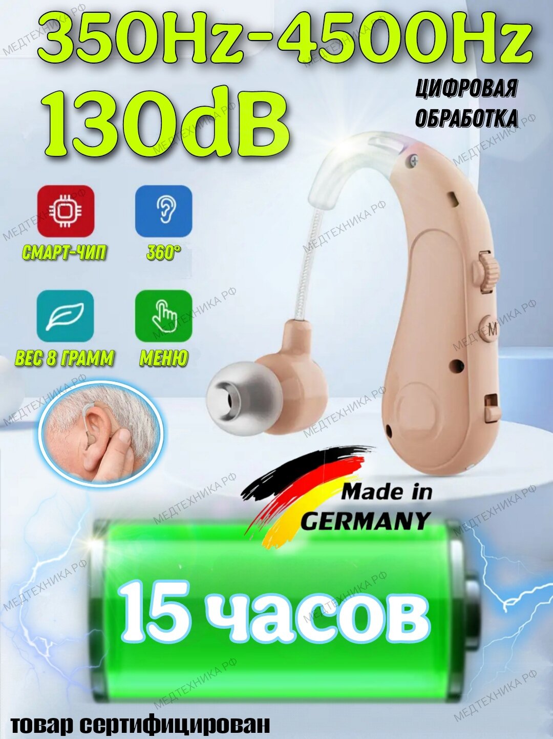 Слуховой аппарат цифровой заушного типа для пожилых людей с зарядкой аккумулятора мощный качество Германия