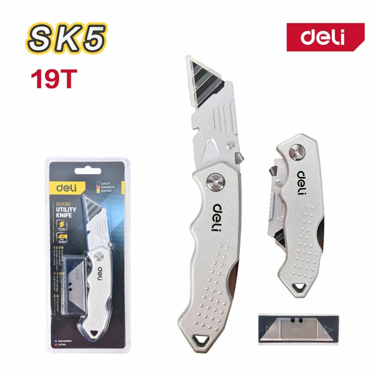 Строительный складной нож с Т-образным лезвием Deli DL008Z в комплекте 4 лезвия, сталь SK5, корпус из цинкового сплава