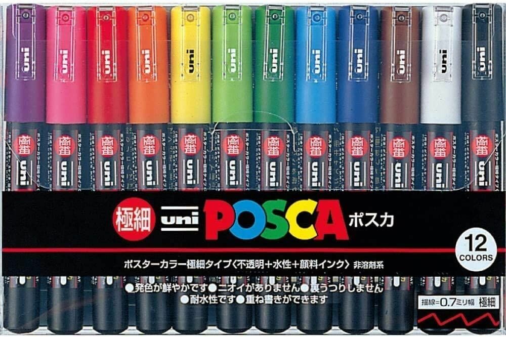 Маркеры UNI Posca 1M набор из 12 цветов толщина 0.7мм -kpa