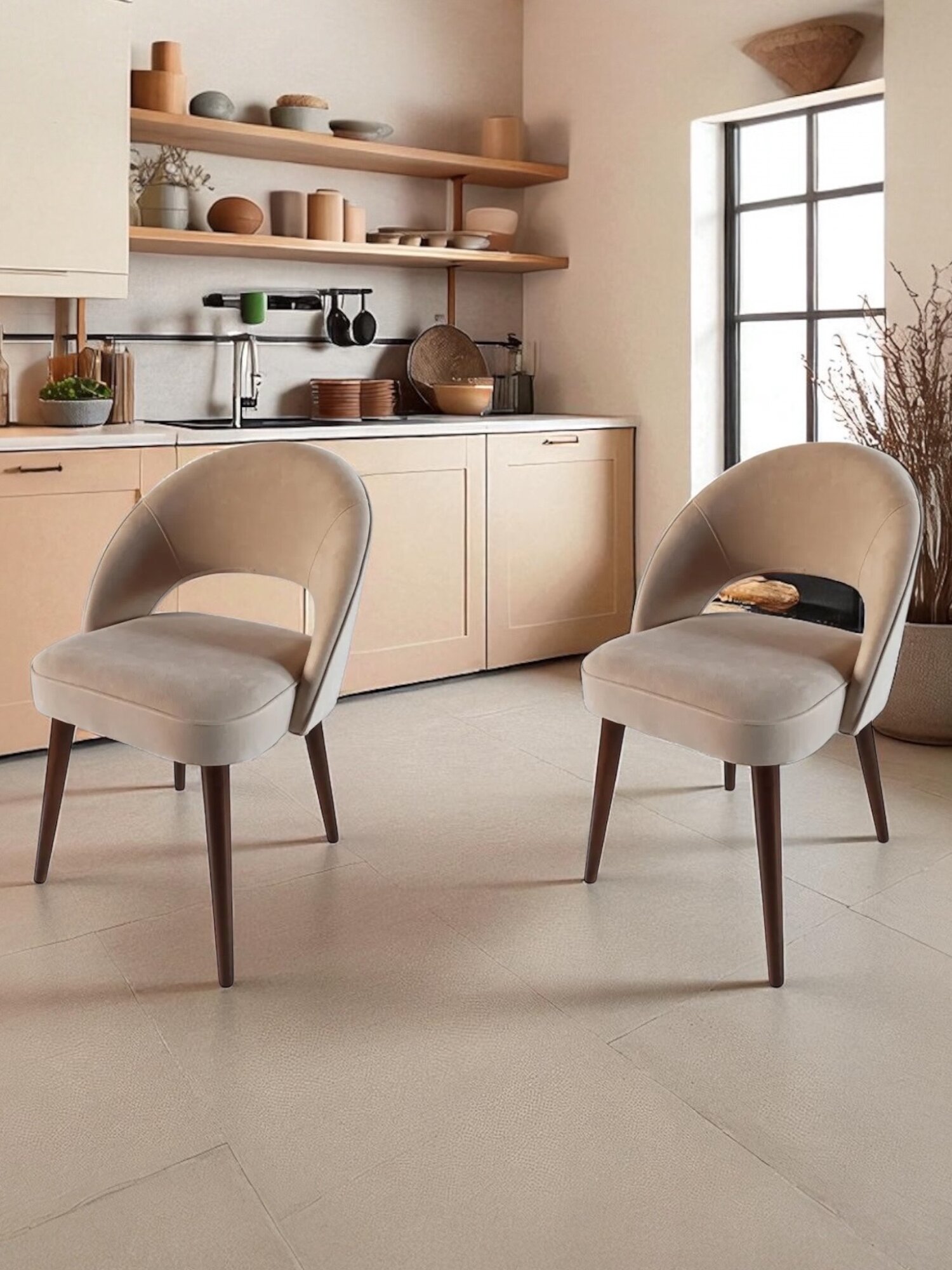 Стулья для кухни 2 шт, кафе, гостиной Цвет ткани: кремовый, Цвет ножек: коричневый, камебель
