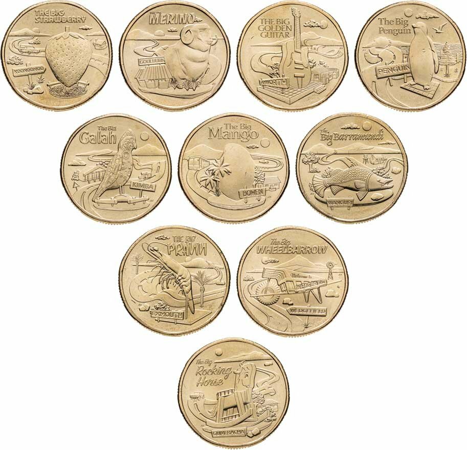 Австралия набор из 10 монет 1 доллар 2025 "Большие австралийские вещи", Алюминиевая бронза, в сохранности UNC
