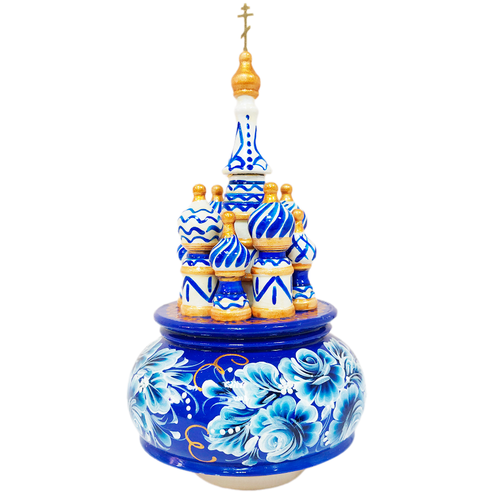 Деревянный сувенир ручной работы, музыкальный "Храм", гжель