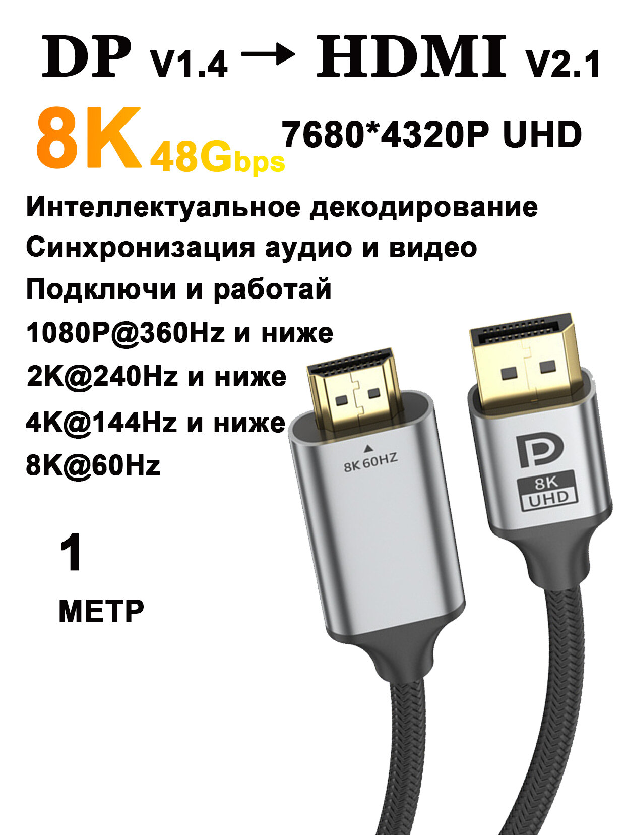 Нейлоновый кабель DisplayPort DP V1.4 HDMI V2.1 в оплетке, HD, 8K 60 Гц, 4K 144 Гц, 2K 240 Гц, 1080P, синхронизированные аудио и видео, 7680 x 4320p