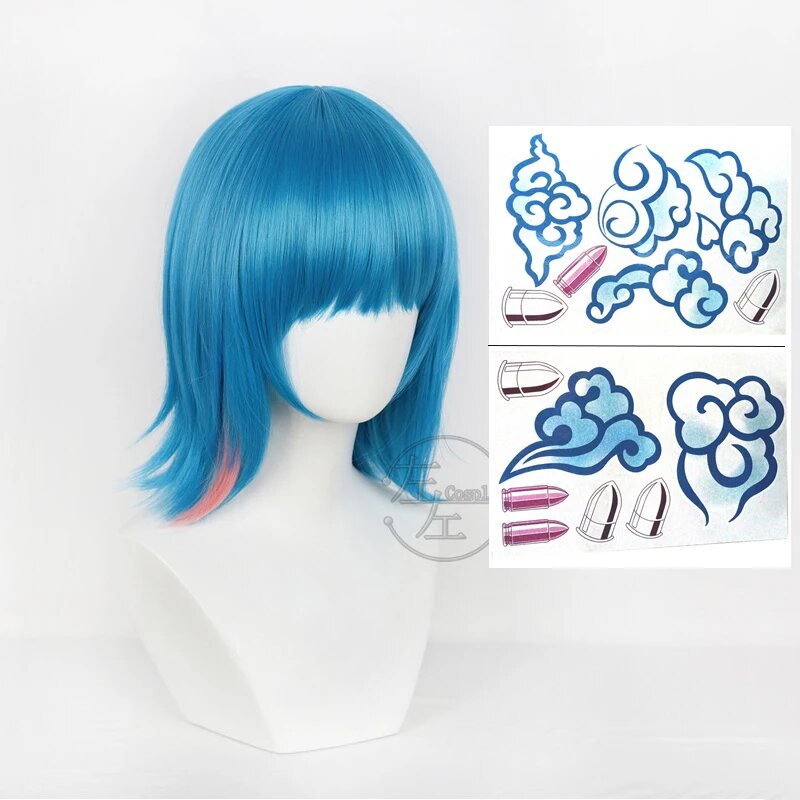 Косплей костюм LOL Arcane Powder Jinx синего цвета Синий, Один размер, Wig and tattoo