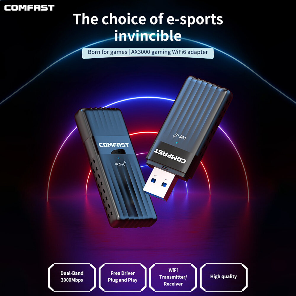 Адаптер COMFAST WiFi6, игровой USB3.0 WiFi-адаптер 2,4 ГГц 574 Мбит/с + 5,8 ГГц 2400 Мбит/с, высокоскоростной, со встроенной антенной с высоким коэффициентом усиления, двухдиапазонный, 3000 Мбит/с, WPA3 с шифрованием