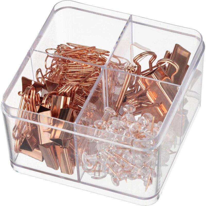 Набор канцелярский Deli 78551,4отд.(кнопки, скрепки, зажимы), роз. зол